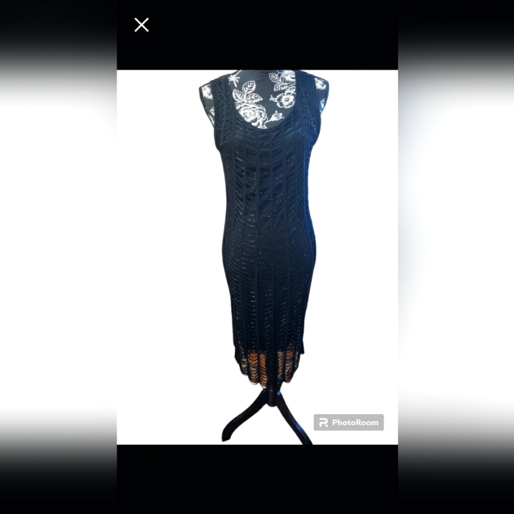 Black Beaded Crochet Dress, Gothic, Flapper Sz Large - Gem